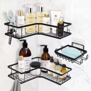 wudialien corner shower caddy,3 pack adhesive shower shelf with soap holder,wall mounted stainless steel organizer and storage shelf with 12 hooks for bathroom kitchen countertop