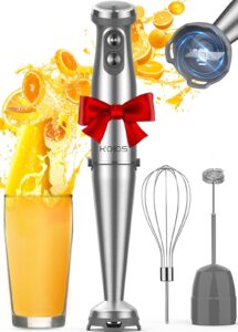 koios immersion blender, 1000w anti-scratch 3-in-1 hand blender, upgraded 12 speed stainless steel blade stick blender with turbo mode, whisk and milk frother, non-bpa