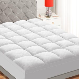 queen mattress topper extra thick stretches up 8-21" deep pocket - 2” thick double border overfilled quilted fitted mattress pad breathable pillowtop with snow down alternative white