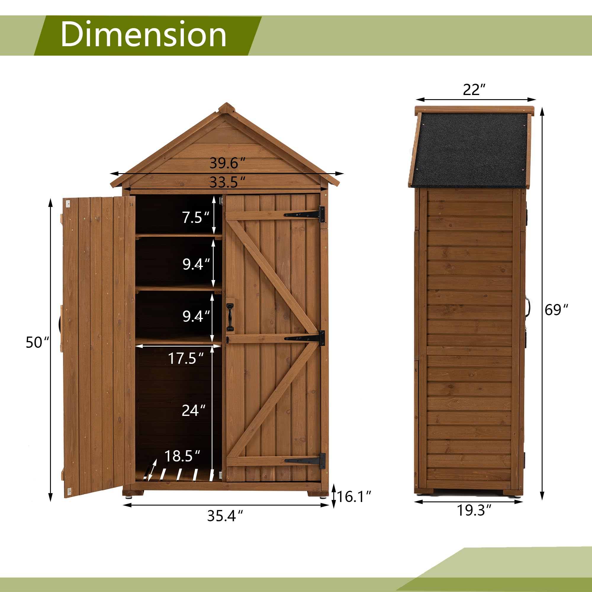 Jaxilyn 5.8ft x 3ft Outdoor Storage Cabinet,Garden Wood Tool Shed, Wood Lean-to Storage Shed Tool Organizer with Waterproof Asphalt Roof, Lockable Doors, 3-Tier Shelves for Backyard,Brown