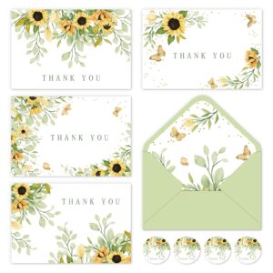 whaline 40 pack sunflower thank you cards with envelopes stickers watercolor floral greeting cards spring summer flower blank note cards for wedding baby shower bridal birthday party, 4 x 6 inch