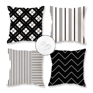 tajwe outdoor waterproof pillow covers 18x18 set of 4 black and white modern geometry stripe decorative cushion cases for patio furniture couch porch