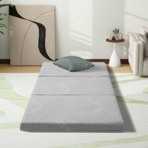 muuegm 4 inch foldable mattress trifold mattress folding bed,memory foam floor sleeping mattress,portable trifold toddler bed mattress queen knitted grey