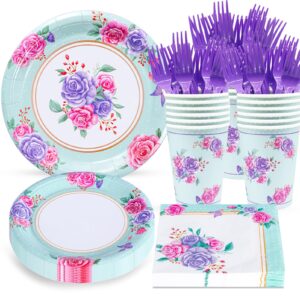 atonofun tea party supplies, tea party plates and napkins sets, disposable floral plates, cups, cutlery for girl's birthday, baby shower, bridal shower floral party decorations serves 24