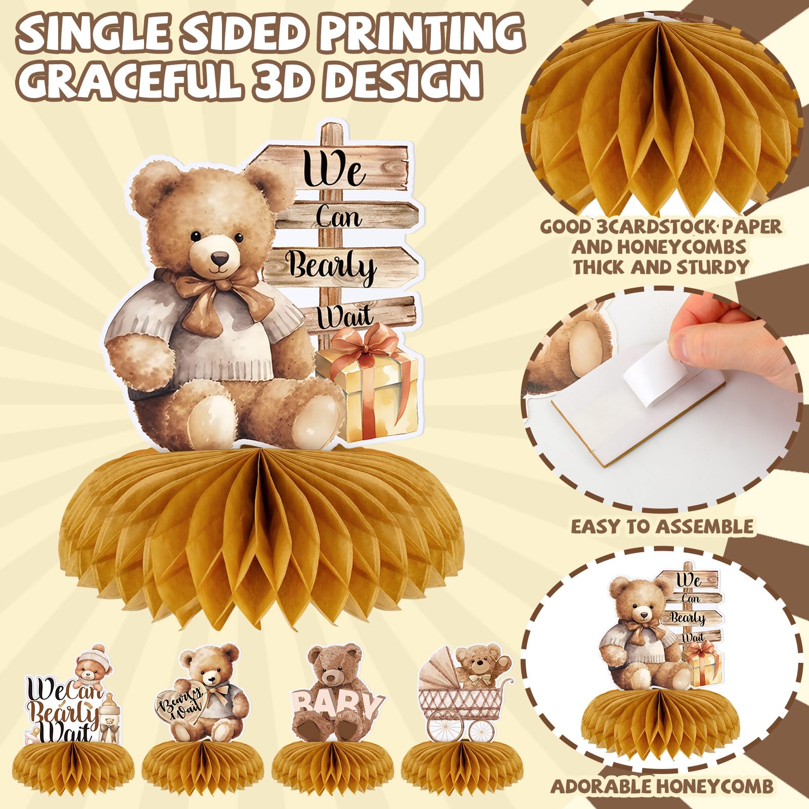 Zonon 8 Pcs We Can Bearly Wait Centerpieces Bear Baby Shower Decorations Bear Baby Shower Honeycomb Centerpieces Bear Table Decorations for Kids Party Favor Supplies (Brown)