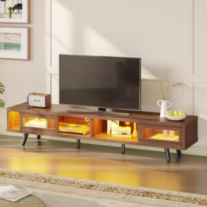 bestier mid century modern tv stand for 75 inch tv, led entertainment center with storage and sliding doors, low profile tv consoles for living room, ancona walnut