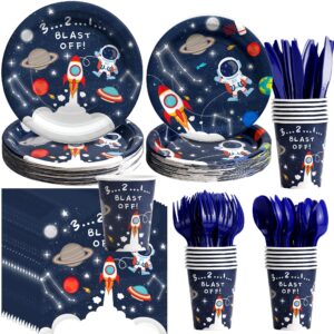 hipeewo space birthday decorations tableware boys - outer space theme party supplies, paper plates, napkin, cup, cutlery, galaxy space astronauts theme party decorations for baby shower | server 24