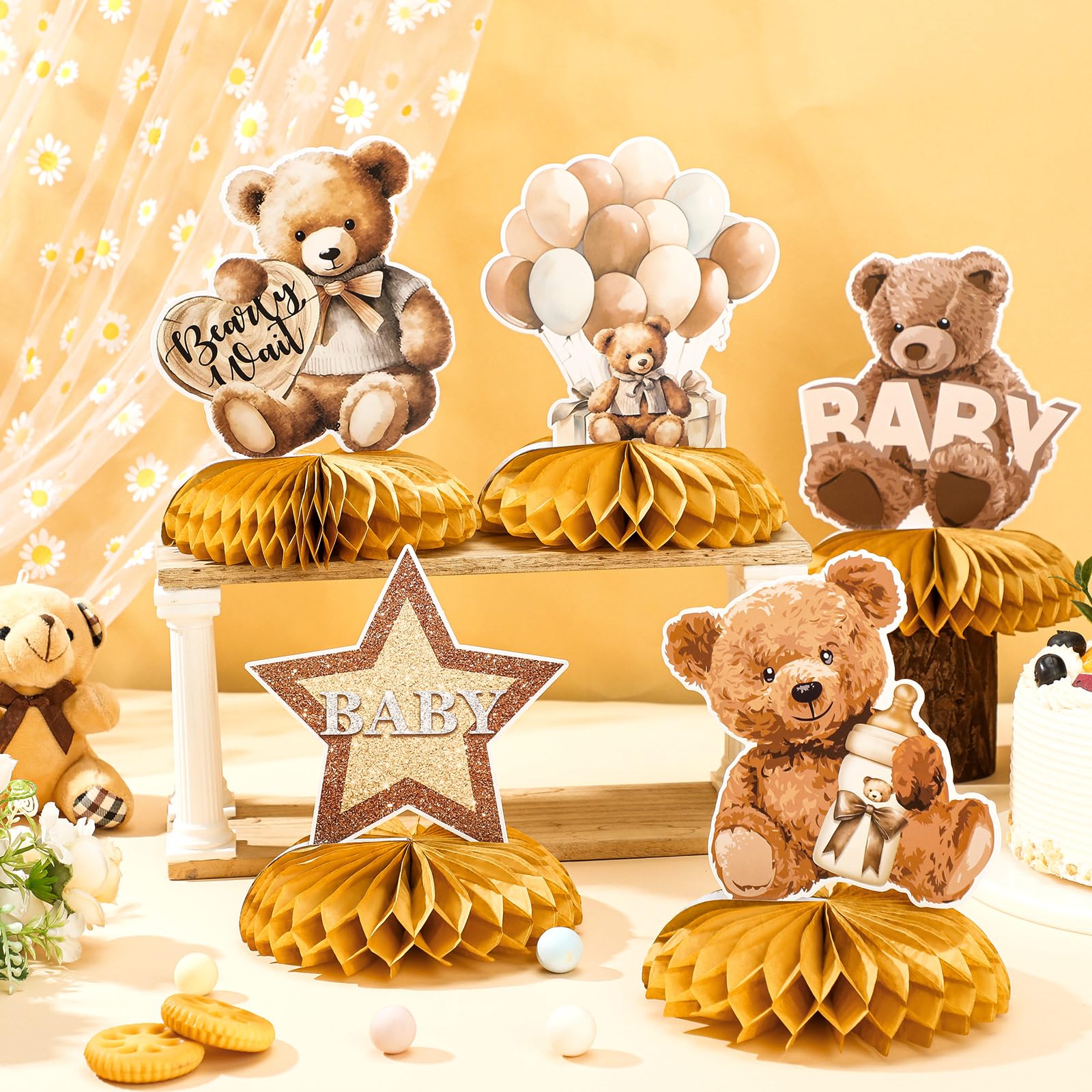 Zonon 8 Pcs We Can Bearly Wait Centerpieces Bear Baby Shower Decorations Bear Baby Shower Honeycomb Centerpieces Bear Table Decorations for Kids Party Favor Supplies (Brown)