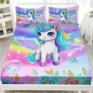 xynhml kid unicorn fitted sheet set twin size rainbow flower star pattern kid bed sheet cute unicorn butterfly bedding set for boys girls includes 1 fitted sheets & 2 pillowcases no flat sheet