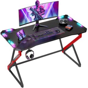 tiqlab gaming desk with led lights, 40 inch computer desk z shaped gamer workstation, gaming table with carbon fiber surface, pc gamer desk, black