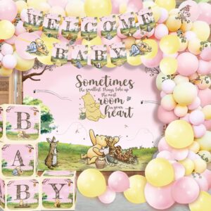 classic winnie baby shower decorations welcome baby banner, vintage winnie balloon arch kit, classic the pooh backdrop, winnie decorations for boy girl baby shower