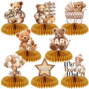 zonon 8 pcs we can bearly wait centerpieces bear baby shower decorations bear baby shower honeycomb centerpieces bear table decorations for kids party favor supplies (brown)