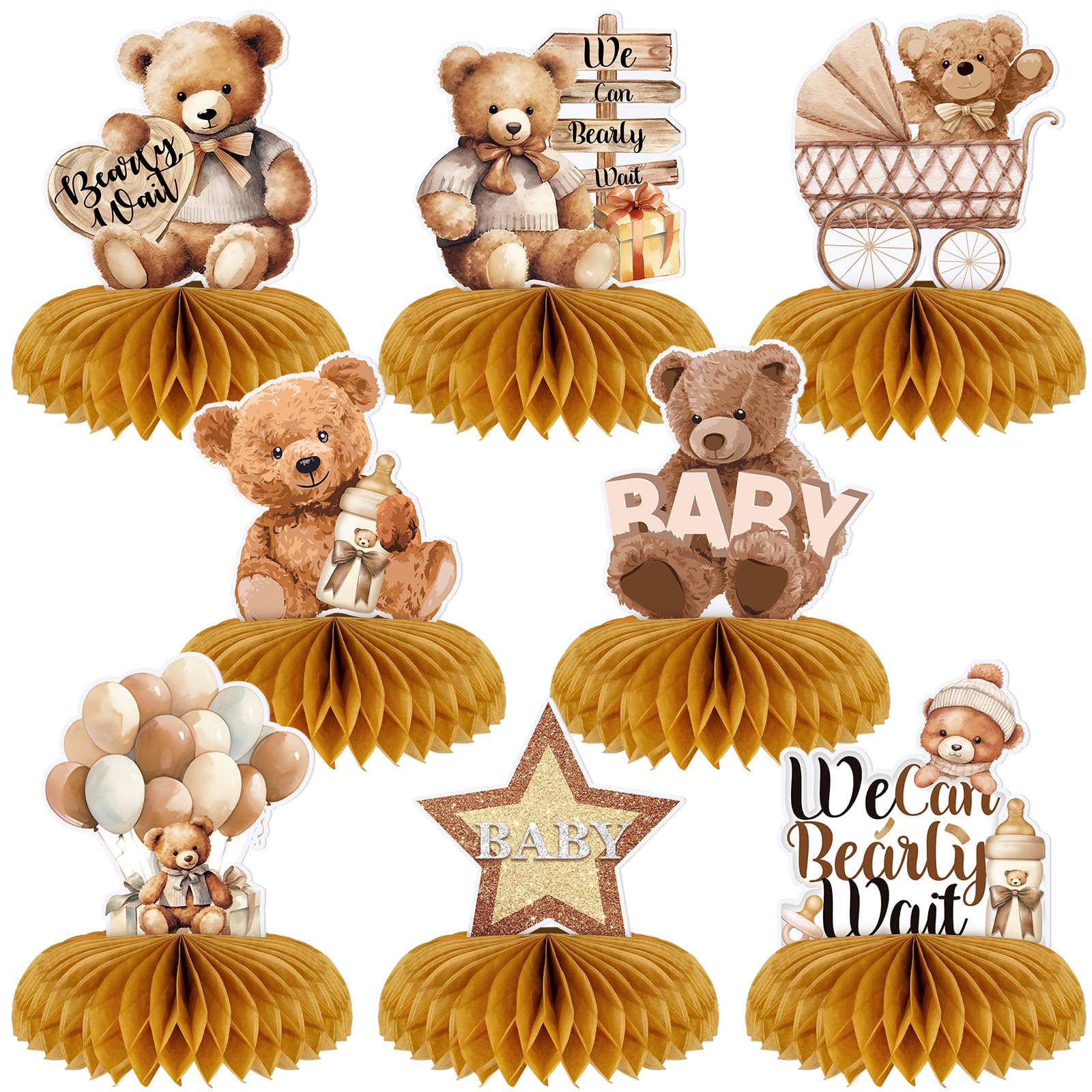 Zonon 8 Pcs We Can Bearly Wait Centerpieces Bear Baby Shower Decorations Bear Baby Shower Honeycomb Centerpieces Bear Table Decorations for Kids Party Favor Supplies (Brown)