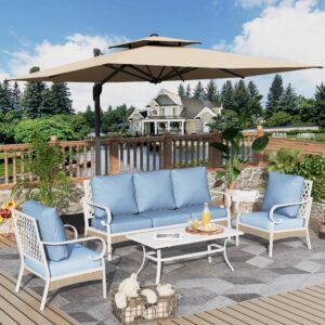 mixpatio 4 piece patio furniture set, 2 x fixed chair, 1 x 3-seat sofa with marbling coffee table, all cushioned 5 seats outdoor conversation set for lawn garden backyard, blue