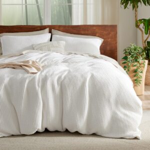 bedsure waffle duvet cover king - moisture-wicking cotton blend rayon derived from bamboo duvet cover for hot sleepers, cooling bedding set with a vintage charm, 3 pieces (coconut white, 104"x90")