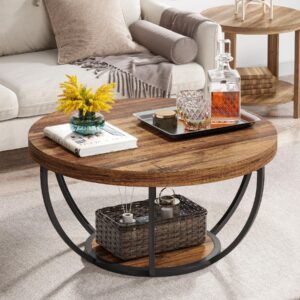 tribesigns round coffee table, 31.7" wooden 2-tier circle coffee table with storage shelves, modern accent cocktail table center table for living room, rustic brown