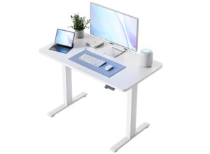 banti small electric standing desk, stand up height adjustable home office table, sit stand desk with splice board, 43"x24", white frame & white top