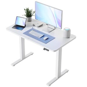 BANTI Small Electric Standing Desk, Stand up Height Adjustable Home Office Table, Sit Stand Desk with Splice Board, 43"x24", White Frame & White Top