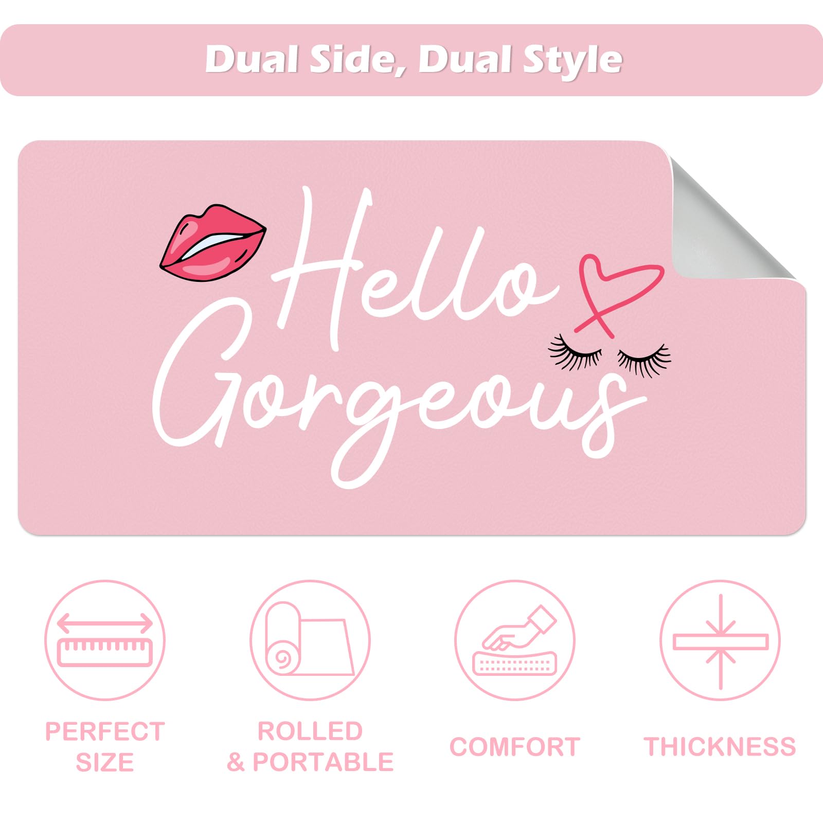 Makeup Mat for Vanity Top Protector, Dual-Sided Vanity Mat Waterproof Dressing Desk Makeup Table Cover Mat Hello Gorgeous (Baby Pink/Silver, 23.6"x11.8")