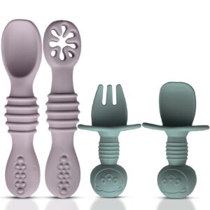 hippobaby 4pc silicone self feeding baby utensils 6-12 months, 3 baby spoon, 1 baby fork, toddler cutlery set, bpa free, dishwasher safe, baby eating essentials (light pink/army green)