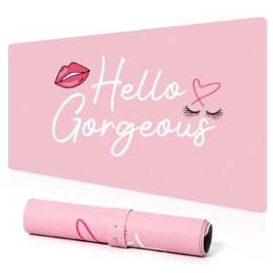 Makeup Mat for Vanity Top Protector, Dual-Sided Vanity Mat Waterproof Dressing Desk Makeup Table Cover Mat Hello Gorgeous (Baby Pink/Silver, 23.6"x11.8")