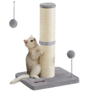 feandrea cat scratching post, 20.8-inch tall cat scratcher for kittens, small and medium cats, sisal scratch pole, spring pompom with built-in bell, dove gray upca023g01