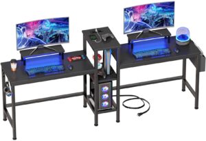 furologee 2 person gaming desk with led lights, 71 inch computer desk with power outlets and monitor stand, double desk with storage bag and headphone hooks, study writing table for home office, black