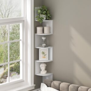 furinno 5-tier floating corner shelf, wall mount shelves for storage and display, white