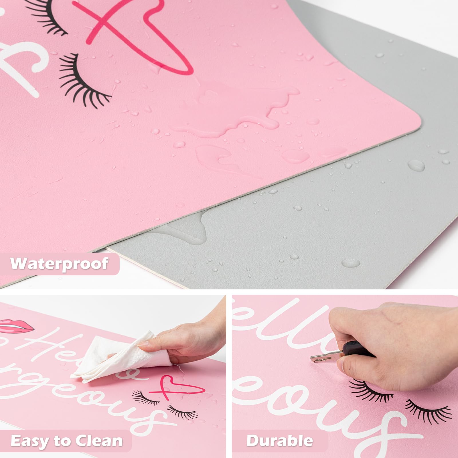 Makeup Mat for Vanity Top Protector, Dual-Sided Vanity Mat Waterproof Dressing Desk Makeup Table Cover Mat Hello Gorgeous (Baby Pink/Silver, 23.6"x11.8")