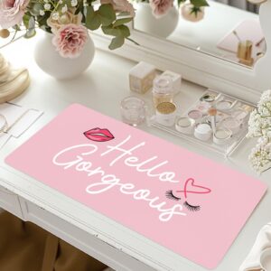 makeup mat for vanity top protector, dual-sided vanity mat waterproof dressing desk makeup table cover mat hello gorgeous (baby pink/silver, 23.6"x11.8")