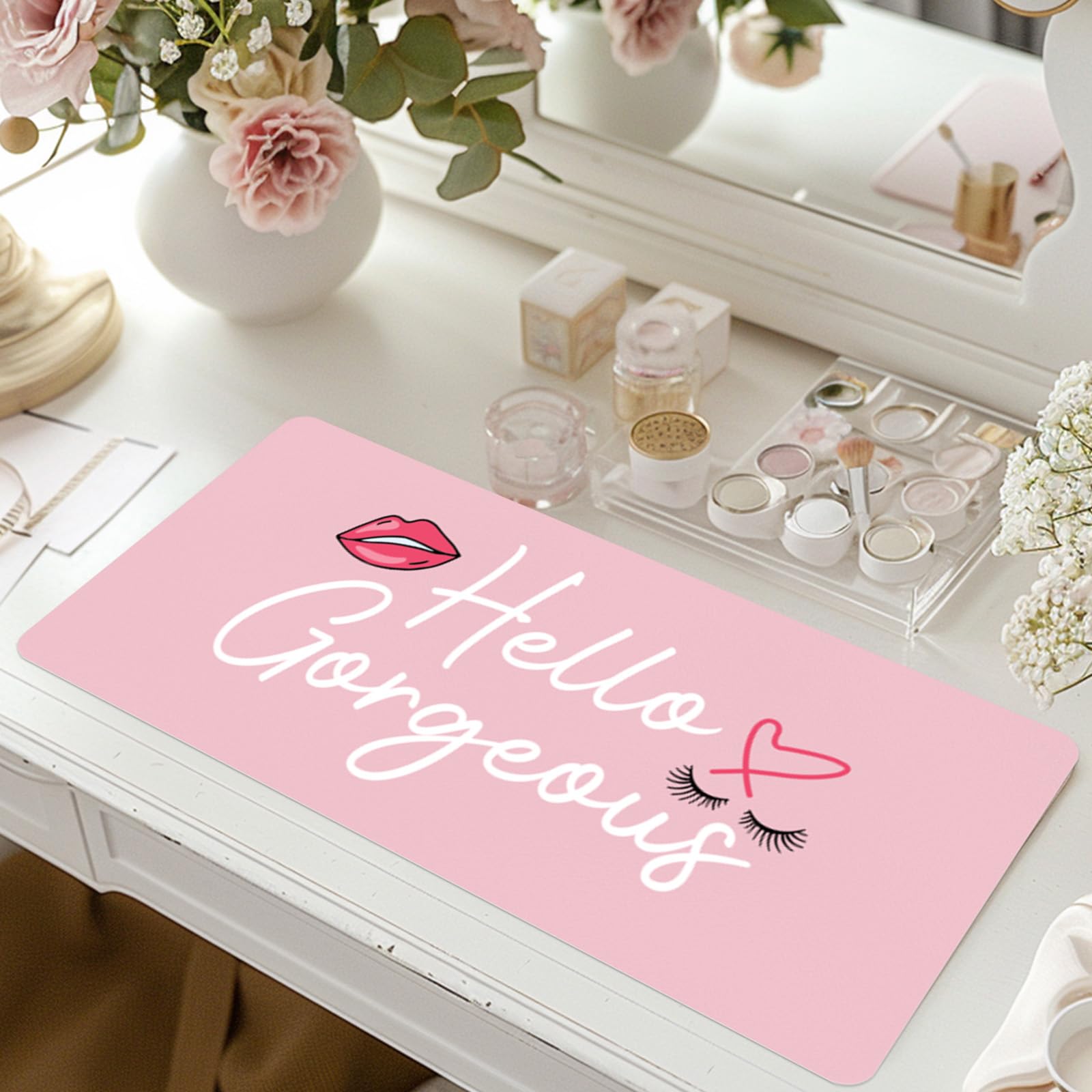 Makeup Mat for Vanity Top Protector, Dual-Sided Vanity Mat Waterproof Dressing Desk Makeup Table Cover Mat Hello Gorgeous (Baby Pink/Silver, 23.6"x11.8")