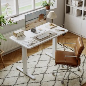 BANTI Small Electric Standing Desk, Stand up Height Adjustable Home Office Table, Sit Stand Desk with Splice Board, 43"x24", White Frame & White Top