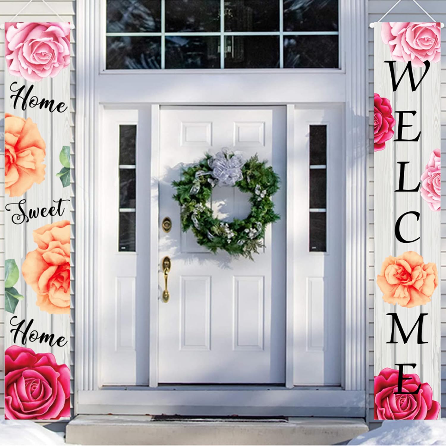 LOONELO Welcome Home Porch Banner Decorations with 70.8"X11.8"，Floral Welcome Home Spring Summer Flower Door Sign for Graduation Retirement Military Army Homecoming Decorations