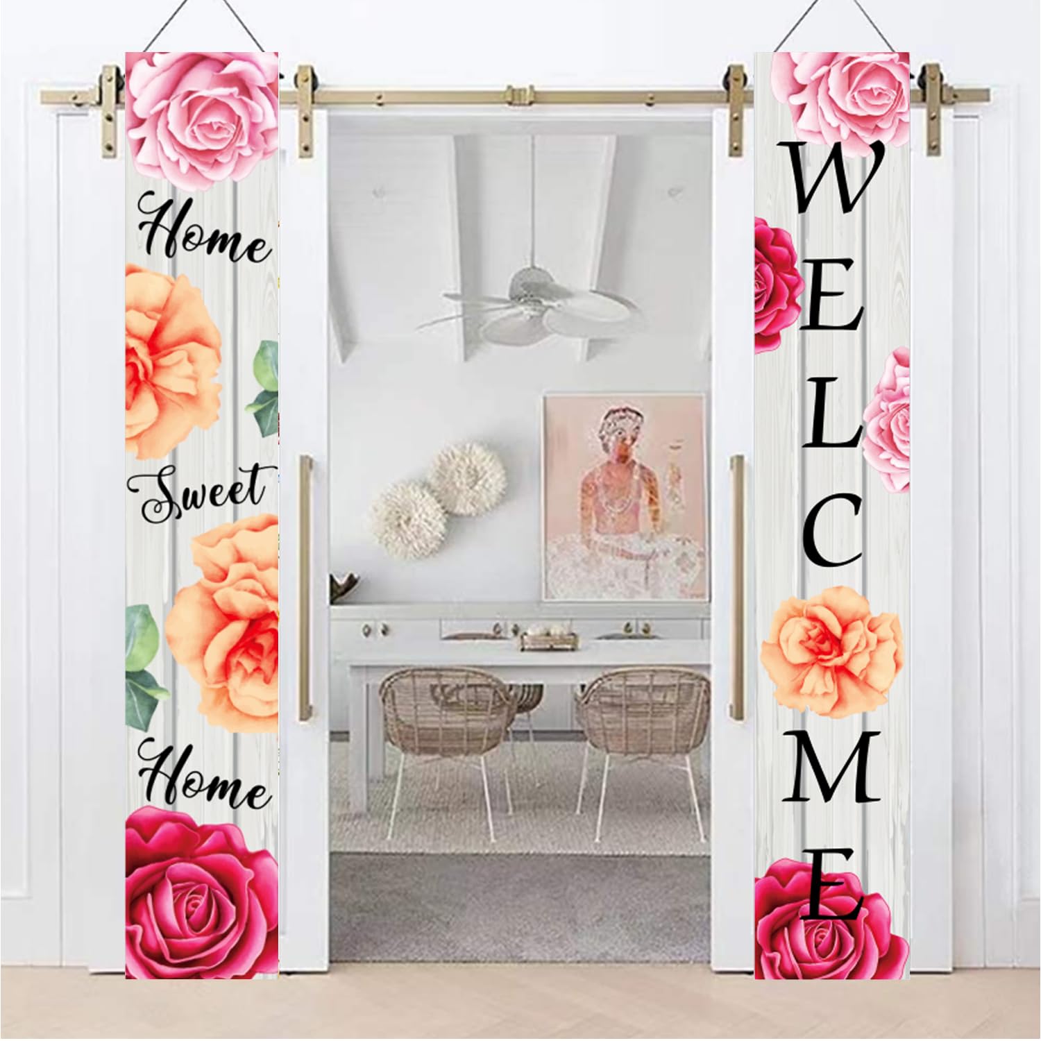 LOONELO Welcome Home Porch Banner Decorations with 70.8"X11.8"，Floral Welcome Home Spring Summer Flower Door Sign for Graduation Retirement Military Army Homecoming Decorations