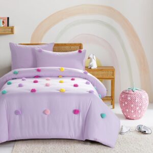 hombys pom poms bedding comforter set for girls, 5 piece purple boho kids comforter set for all season，twin/twin xl size