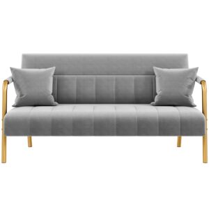 yaheetech 56.5" w modern loveseat 2 seater sofa luxurious velvet fabric couch with gold-tone metal arms and legs for living room, home office, studio light gray