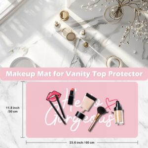 Makeup Mat for Vanity Top Protector, Dual-Sided Vanity Mat Waterproof Dressing Desk Makeup Table Cover Mat Hello Gorgeous (Baby Pink/Silver, 23.6"x11.8")