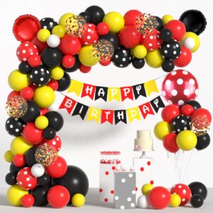 cartoon mouse balloon garland for mouse birthday decorations - mouse balloons arch with confetti polka dots balloons red black yellow balloon arch kit & banners for mouse baby shower party supplies