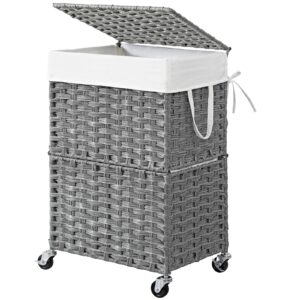 chrislley 90l large laundry hamper with wheels,rolling laundry basket with lid and renovable liner bag,handwoven rattan organizer for bedroom, bathroom, laundry room (grey)