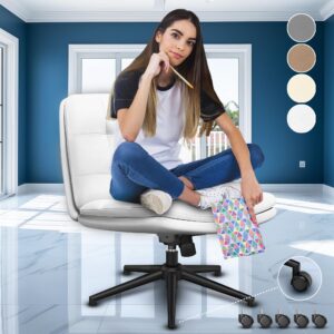 criss cross desk chair for cross legged sitting, easy to assemble white criss cross chair with wheels - premium detachable wheel and swivel design, cozy ergonomic office chair with wide comfy seating