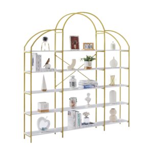 merax bookshelf 5 tiers bookcase, gold display shelf organizer with x bar frame, crown-shaped design, white