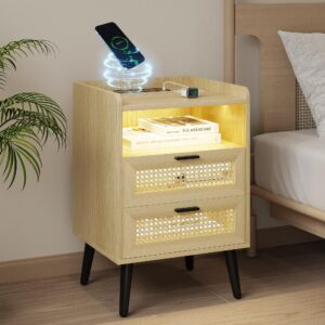 vlskra rattan nightstand with charging station, boho night stand with 2 storage drawers, tall boho nightstand with light, 3 colors dimmable lighting, human sensor light (light wood)