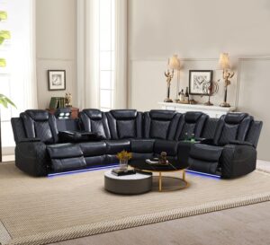 power recliner sectional sofa with led, breathing leather power reclining sofa set, sectional reclining couch with usb port/cup holder/storage for living room (black)