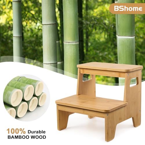 Wooden 2-Step Stool, Bamboo Step Stool with Handles, DIY Non-Slip Surface, Portable Stepping Stool for Kitchen, Toilet, Bathroom Sink, Bedroom, Natural