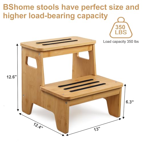 Wooden 2-Step Stool, Bamboo Step Stool with Handles, DIY Non-Slip Surface, Portable Stepping Stool for Kitchen, Toilet, Bathroom Sink, Bedroom, Natural