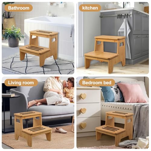 Wooden 2-Step Stool, Bamboo Step Stool with Handles, DIY Non-Slip Surface, Portable Stepping Stool for Kitchen, Toilet, Bathroom Sink, Bedroom, Natural