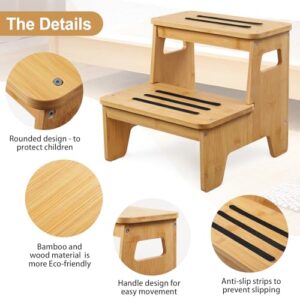 Wooden 2-Step Stool, Bamboo Step Stool with Handles, DIY Non-Slip Surface, Portable Stepping Stool for Kitchen, Toilet, Bathroom Sink, Bedroom, Natural