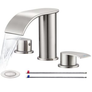 ultimate unicorn 8 inch bathroom faucet brushed nickel, waterfall bathroom sink faucet with metal pop-up sink drain stopper and 2 supply hoses,2 handle widespread faucet for vanity sink 3 holes