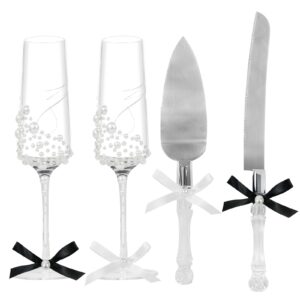 semononia 4 piece wedding toasting flutes and cake server set - champagne glasses and knife server set,bride and groom wine glasses and cake knives set for anniversary engagement gifts for couple