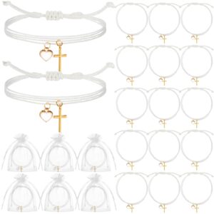 ferreve 30 sets baptism party favors cross heart bracelet bulk with organza bag christian adjustable religious braided rope for church wedding baby shower first communion sunday school gifts(gold)